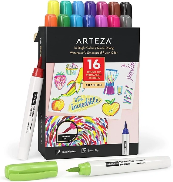 Amazon Deal on ARTEZA Colored Permanent Markers, Set of 16, Brush Tip Pens